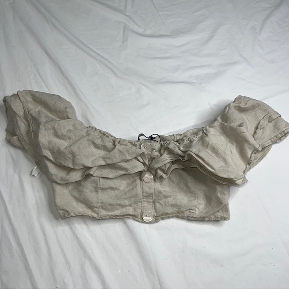 Zara | Tops | Zara Of Shoulder Crop Top Womens S Beige Button Up Ruffle ...